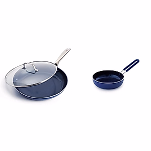 Blue Diamond Cookware Diamond Infused Ceramic Nonstick 12" Frying Pan Skillet with Lid, PFAS-Free, Dishwasher Safe, Oven Safe, Blue & Cookware Healthy Ceramic Nonstick Mini Egg Pan, Blue