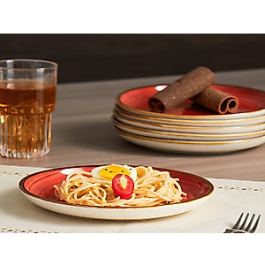 ONEMORE Ceramic Plates Set of 6, 8.5 inch Small Dinner Plates for Appetizer, Salad and Dessert. Oven, Microwave and Dishwasher Safe Plate. Rustic Kitchen Porcelain Dish - Red