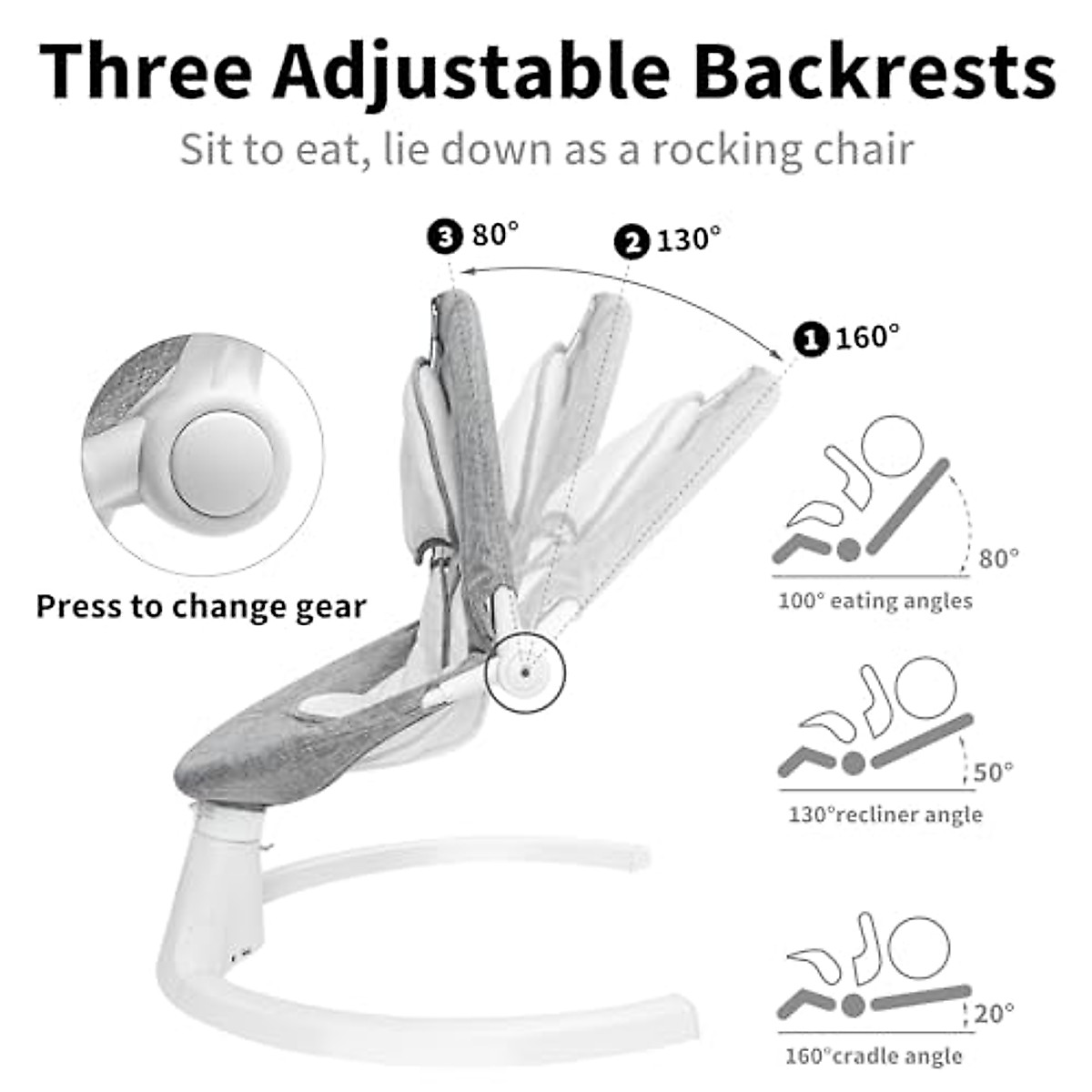 Baby to Toddler Cradle, Portable Rocker Swing for Newborn Boys and Girls, Indoor and Outdoor use, 5 Swing speeds, 5-Point Safety Harness, Foldable, Gray.