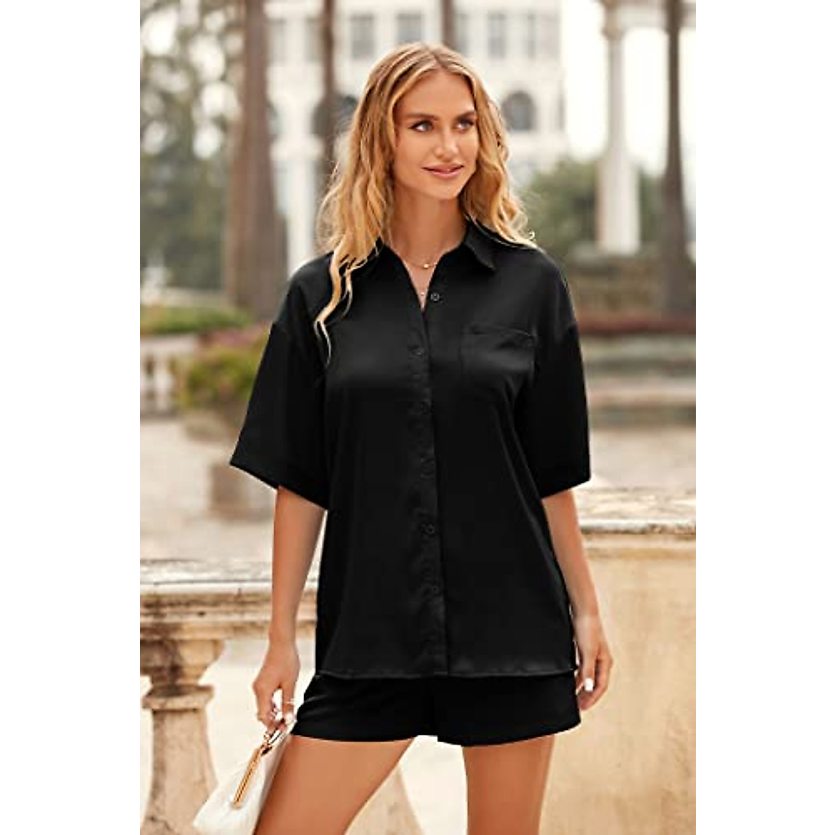 PRETTYGARDEN Women's 2 Piece Satin Pajama Sets Short Sleeve Button Down Tops And Shorts Set 2023 Summer Pjs Silk Sleepwear (Black,Medium)