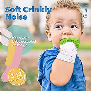 Liname 2 Pack Teething Mitten with Soothing Toy - Baby Chew Toy and Teething Glove- Infant Teething Mitten Crinkle Sound and Textured Silicone to Soothe Sore and Swollen Gums
