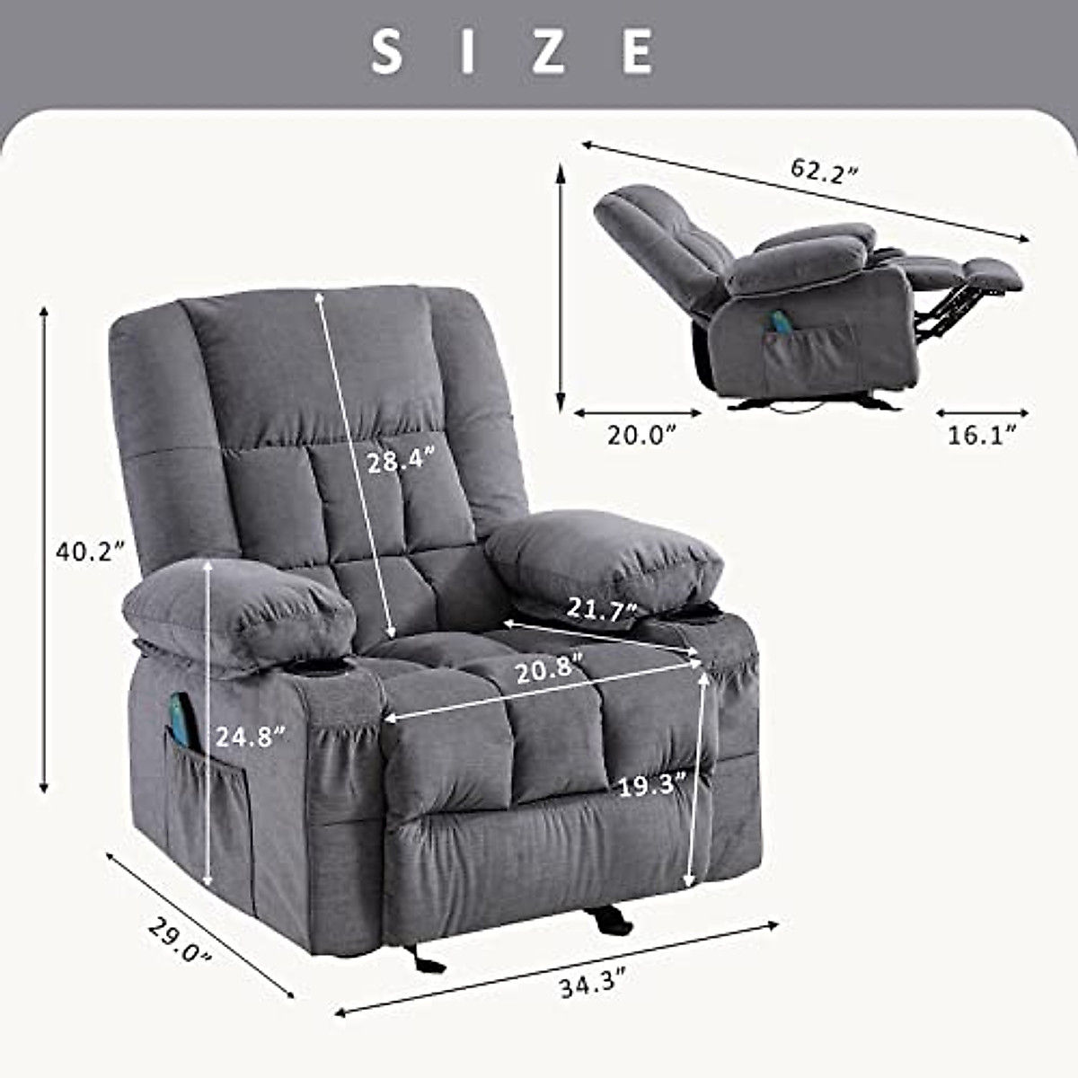 BOSMILLER Massage Rocker Recliner Chair with Vibration Massage and Heat Ergonomic Lounge Chair for Living Room with Rocking Function and Side Pocket, 2 Cup Holders, USB Charge Port