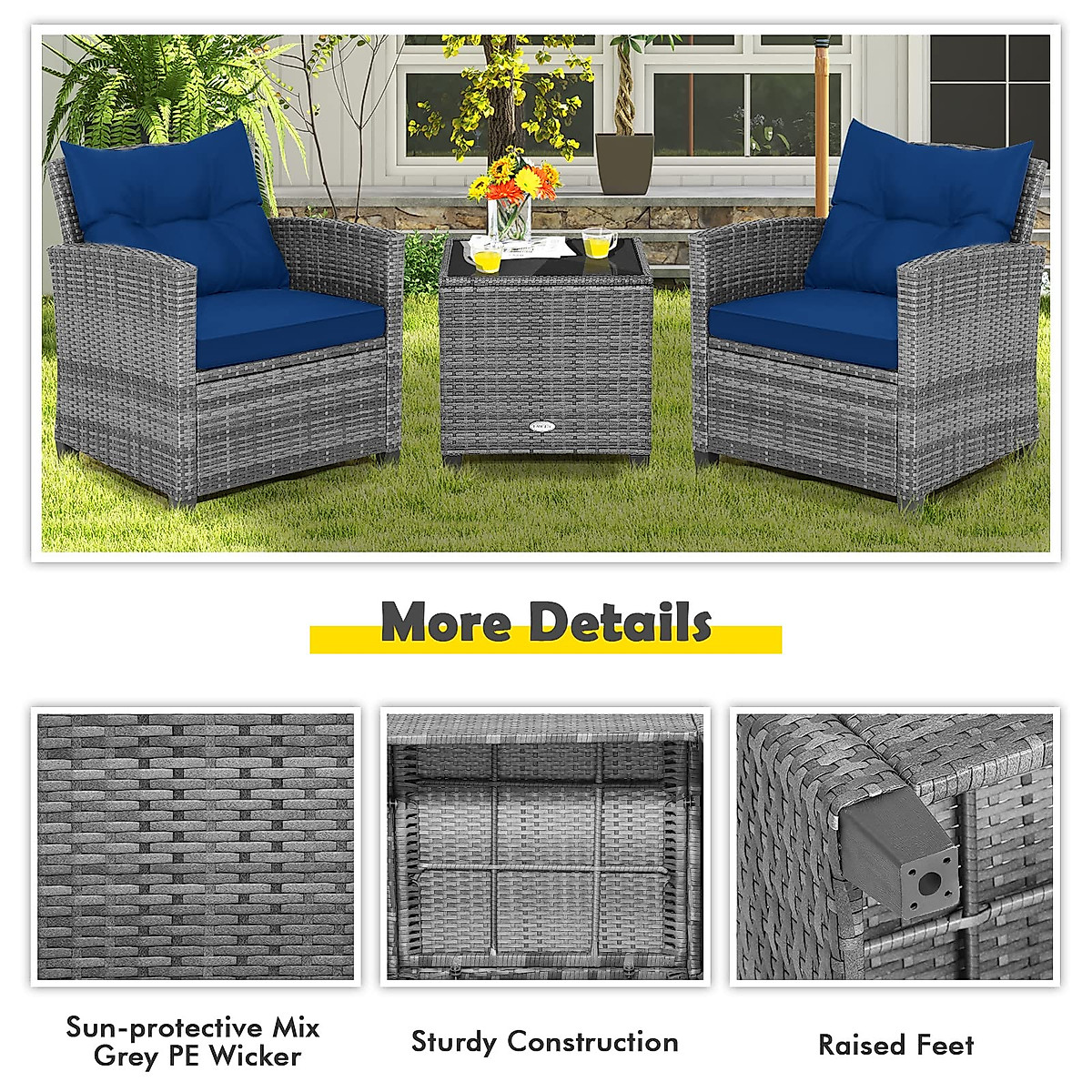 Tangkula 3 Pieces Patio Furniture Set, Outdoor PE Rattan Conversation Chair Set with Tempered Glass Side Table and Removable Cushions, PE Wicker Chairs and Table Set for Porch, Balcony and Garden