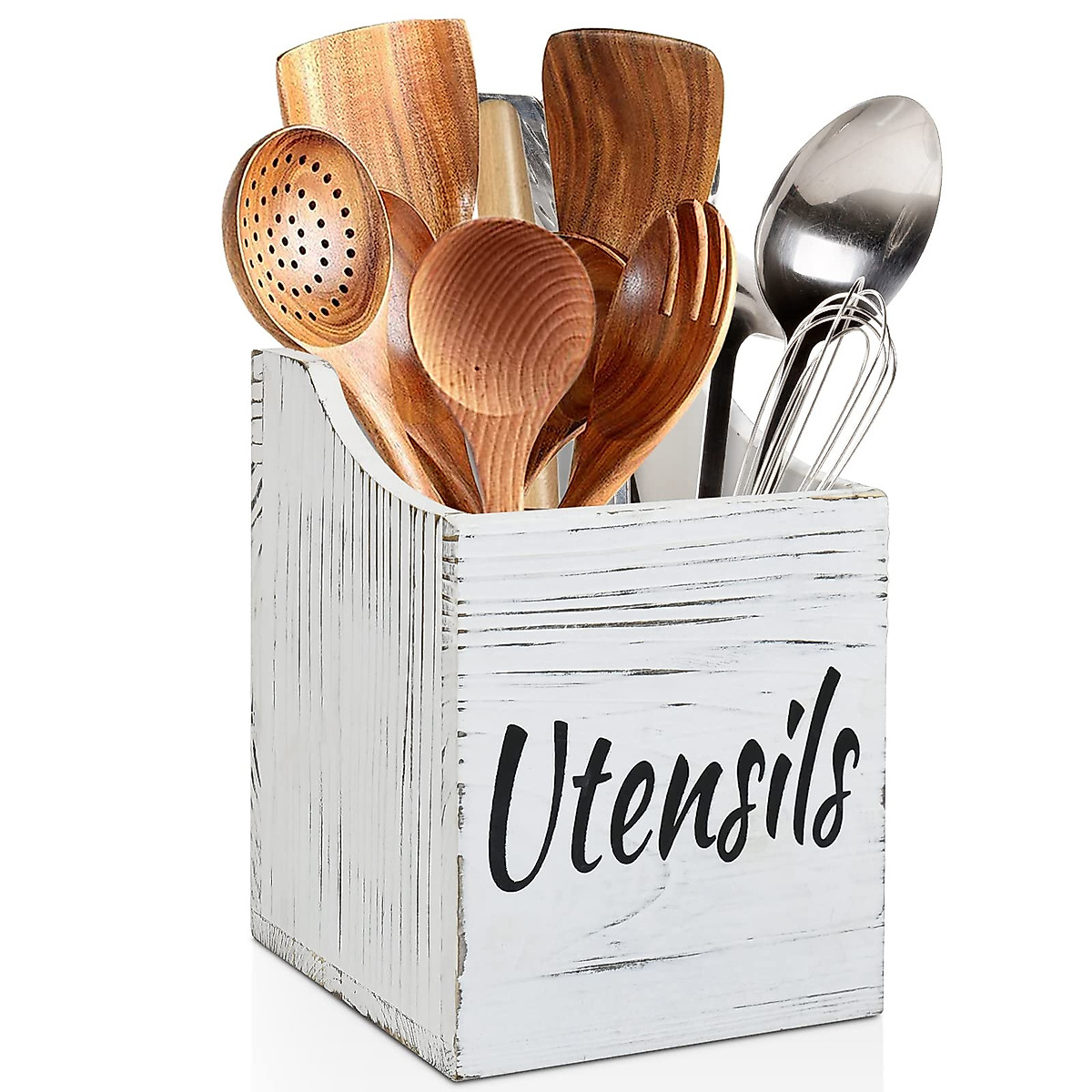 Kitchen Utensil Holder Organizer for Kitchen Countertop, White Cooking Utensil Holder for Countertop, Utensil Crock Holder for Kitchen,Large Utensil Flatware Organizer,Wooden Kitchen Utensil Organizer