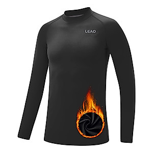 LEAO Youth Boys Compression Shirt Long Sleeve Fleece Quick Dry Sports Baselayer Soccer Baseball Basketball Undershirt Black L