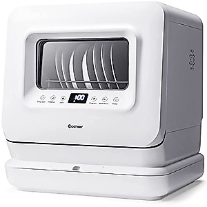 ARLIME Compact Countertop Dishwasher, Portable Dishwasher W/7.5-L Built-in Water Tank, 5-Program, 360° Dual Spray, 24H Air-Dry Function, Child Lock, Mini Dishwasher for Apartments, Dorms & RVs, White