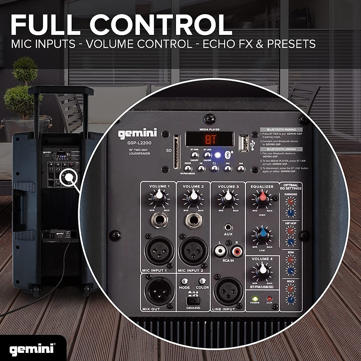 Gemini Sound GSP-L2200PK Indoor 2200 Watt Peak Bi-Amped Wired AC Powered Bluetooth DJ Speaker with 15" Inch Woofer, LED Party Lights, Built in Media Player, and Included Microphone and Speaker Stand