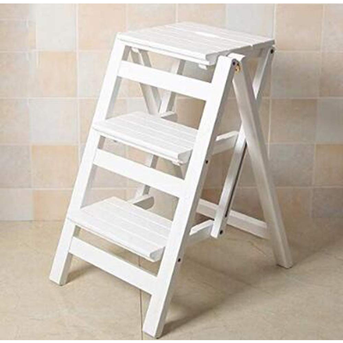 Folding Ladder Staircase Multi-Functional Folding Solid Wood Ladder Stool,Step Stool Household Muliti-Color Stool Step Ladder Foldable Stepladder,White,Three