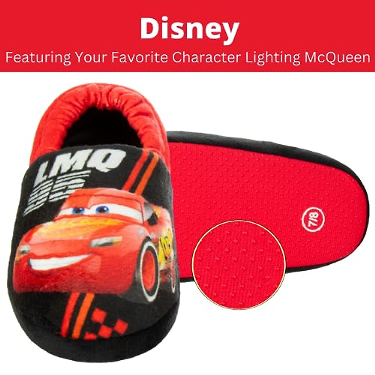 Disney Pixar Cars Lightning McQueen Slippers - Boys PJ House Shoes Pajama Indoor Warm Kids Slipper - Black Red (size 5-6 Toddler)