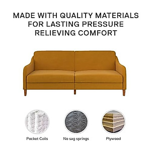 DHP Jasper 77 Inch Futon Sofa Bed, Modern Upholstered Couch Sleeper with Sloped Arms, Mustard