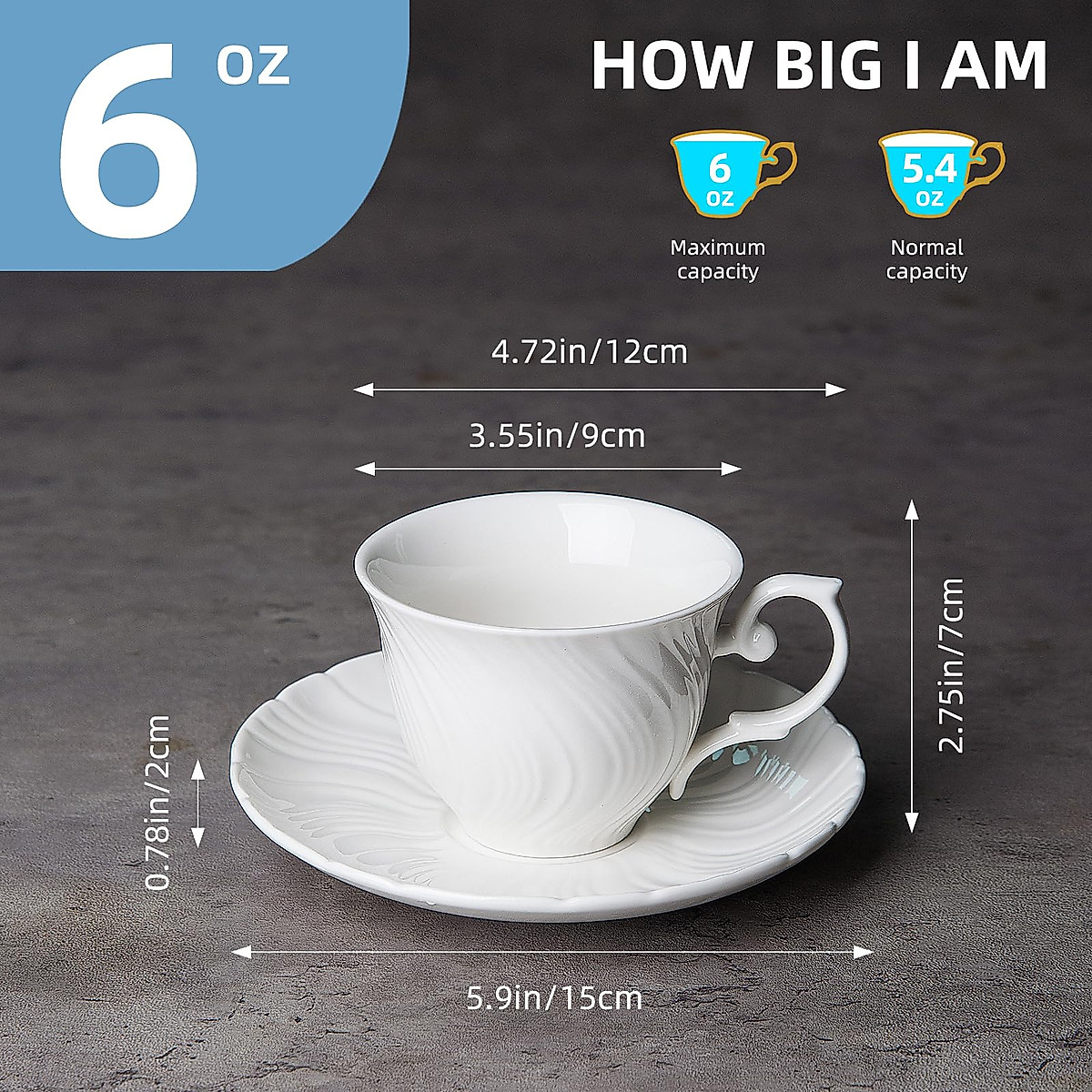 Agyiuns Tea Cups Set Of 4, Tea Cup And Saucer Set,6oz for Tea,Coffee, Latte, Cafe Mocha, Porcelain Tea Party Set (Pure white set of 4)