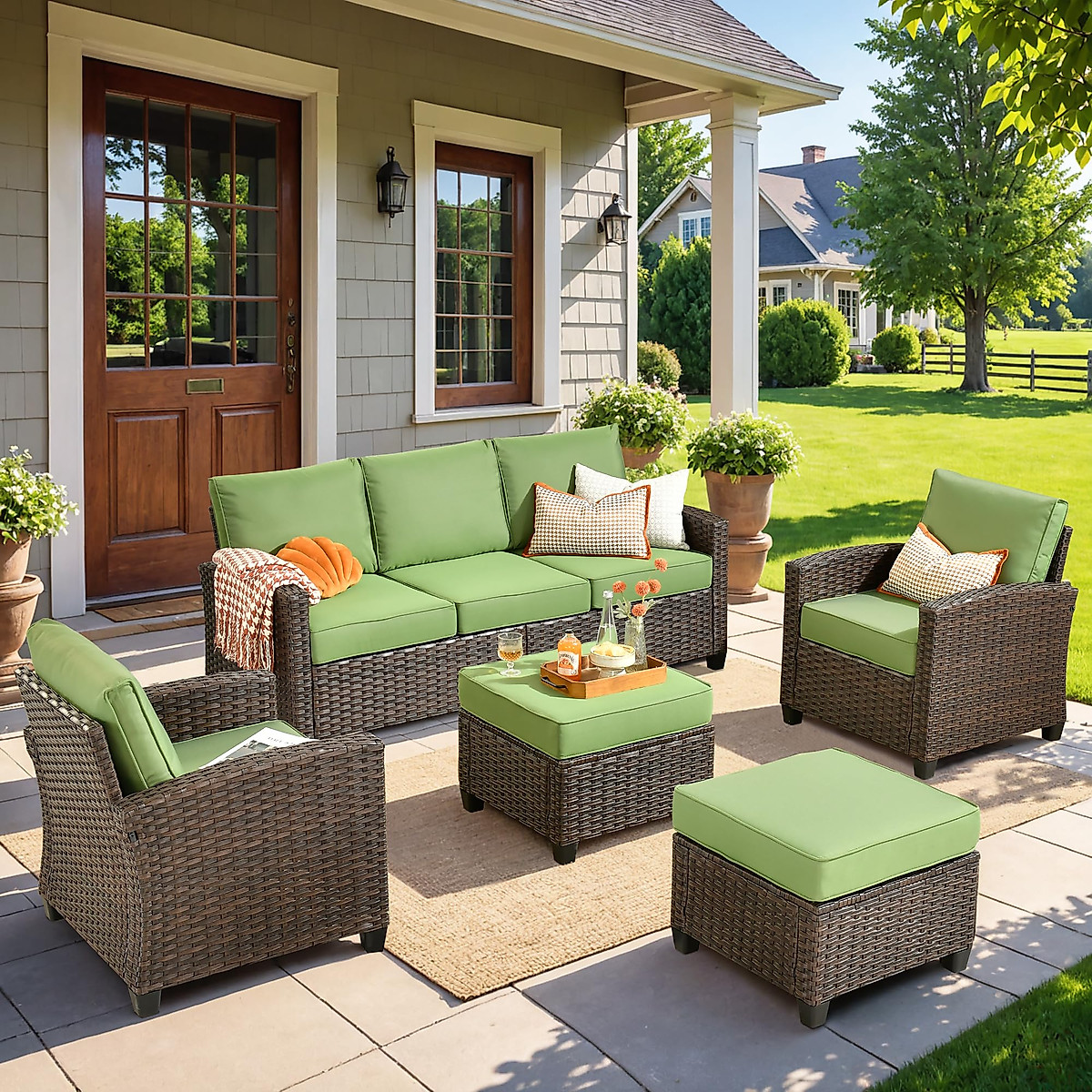 CAODOC Patio Furniture Set, 5 Pieces Outdoor Wicker Rattan Sofa Couch with Chairs, Ottomans and Comfy Cushions, All Weather High Back Conversation Set Garden Backyard, Brown Rattan Green Cushions