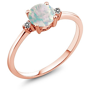 Gem Stone King 10K Rose Gold Simulated White Opal and White Diamond Solitaire Engagement Ring For Women (0.33 Cttw, Round Cabochon 6MM, Gemstone October Birthstone, Size 7)