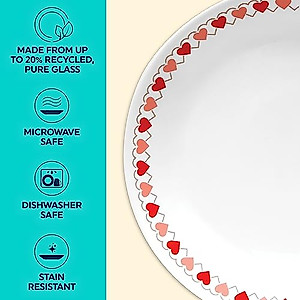 Corelle MilkGlass 12-Pc Dinnerware Set, Service for 4, Durable and Eco-Friendly, Higher Rim Glass Plate & Bowl Set, Microwave and Dishwasher Safe, Hearts