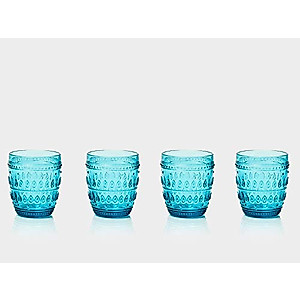 Euro Ceramica Fez Collection Drinkware and Glasses, 12oz Old Fashion Set of 4, Teardrop Mandala Design, Turquoise