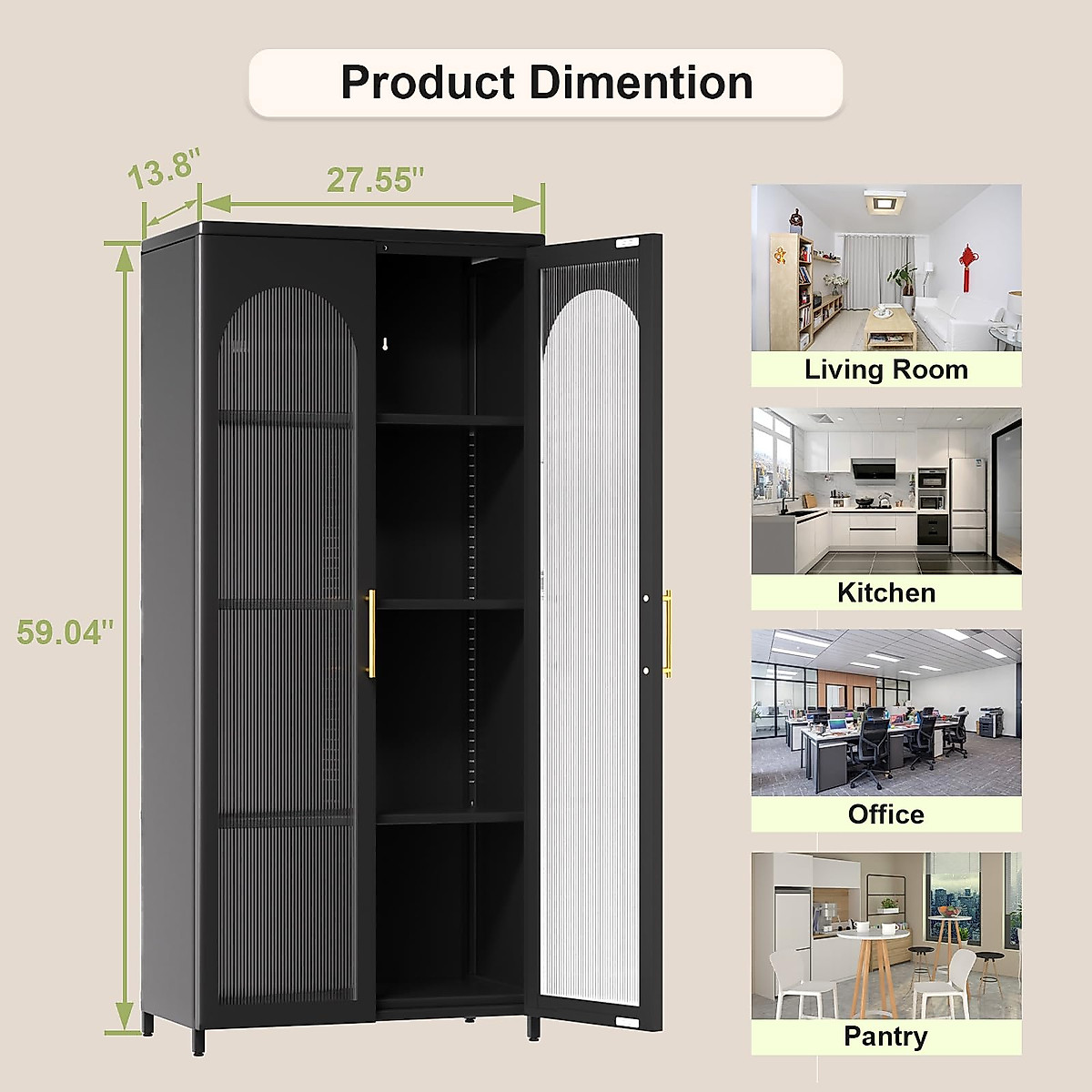 RpAosd 59" Metal Storage Cabinet with Glass Doors,Glass Display Cabinet for Living Room,Dining Room and Kitchen,Decorative Sideboard Buffet Cabinet with Glass Doors and Shelves (Black)