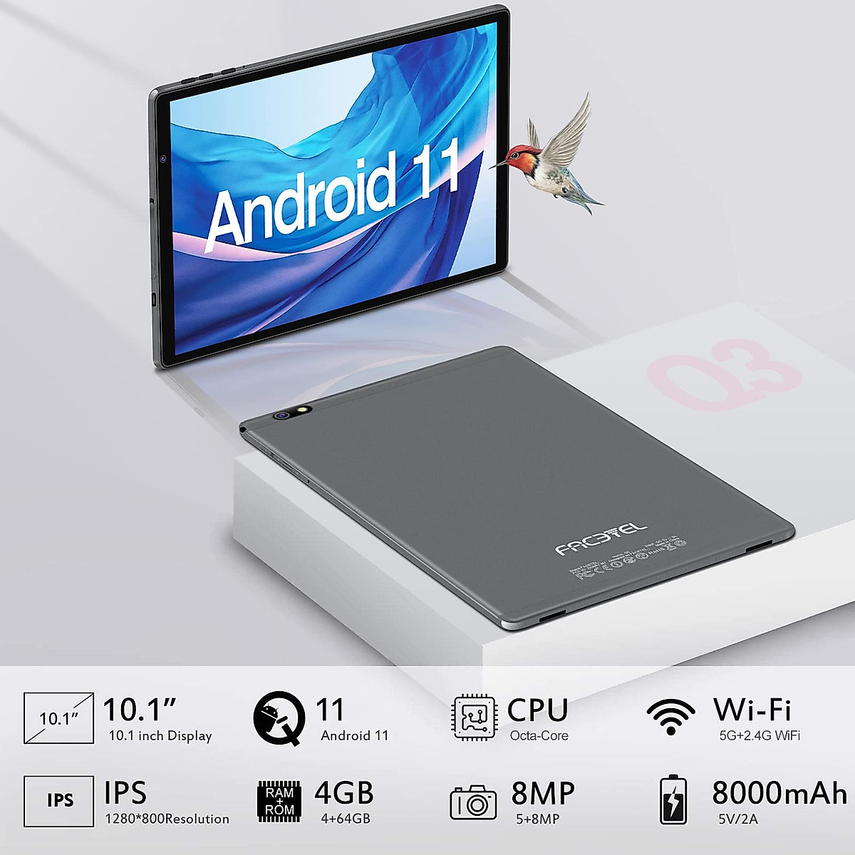 FACETEL 10 inch Tablet Android Tablet with Keyboard 2 in 1 Tablet 4GB RAM 64GB ROM TF 128 GB, 8000mAh, FHD, Dual Camera, WiFi Bluetooth Tablet with Mouse, Grey