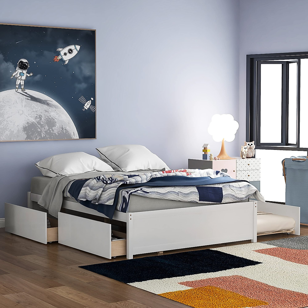 CITYLIGHT Full Bed with Trundle and Storage, Wood Platform Frame Full Bed with Trundle and Drawers, Space-Saving Full Bed for Kids, Boys, Girls, Teens, White