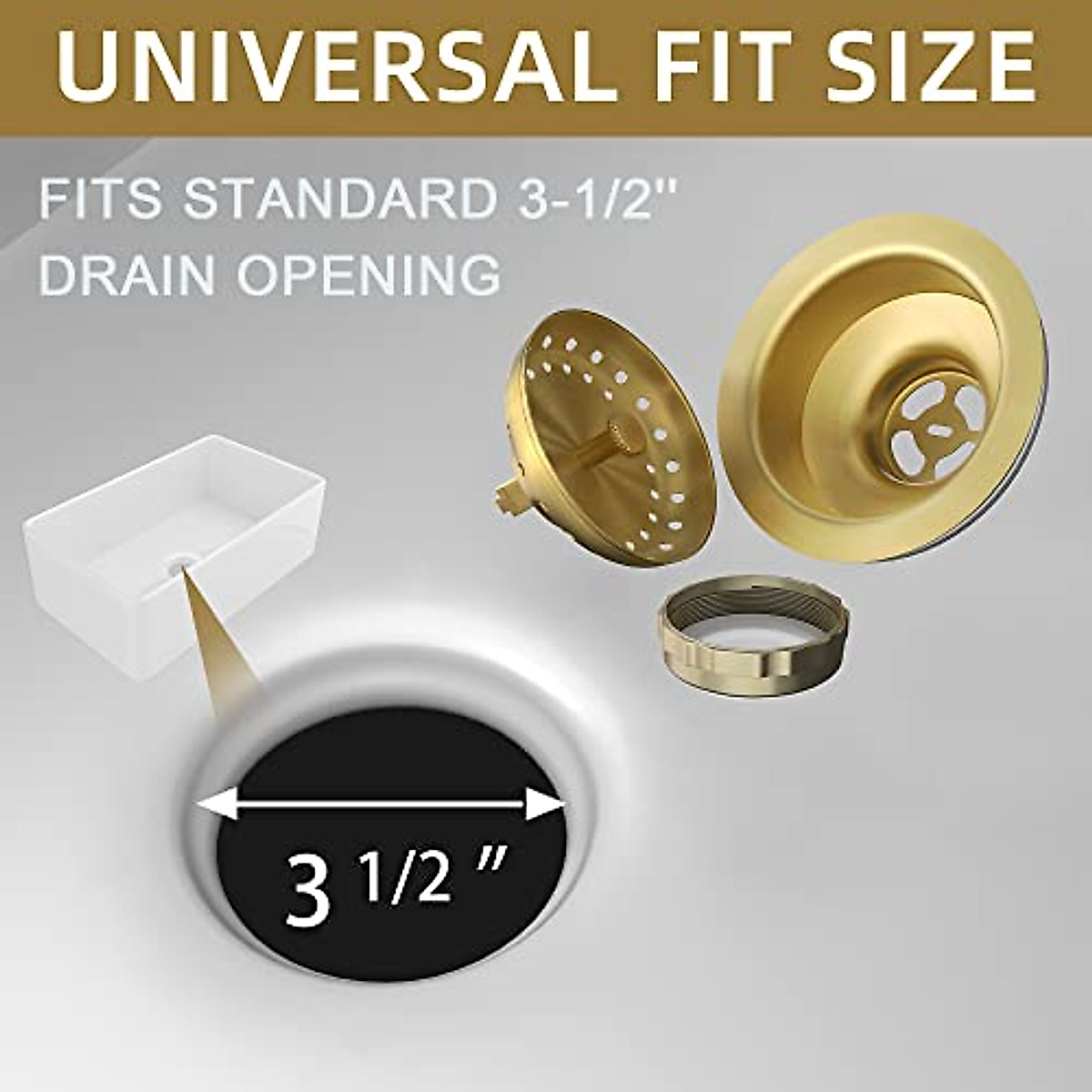 EXAKEY Kitchen Sink Drain Assembly Gold Sink Drain Strainer with Fixed Post 3-1/2 Inch Kitchen Drain with Strainer Basket and Drain Stopper for Standard Kitchen Sink Stainless Steel Brushed Gold
