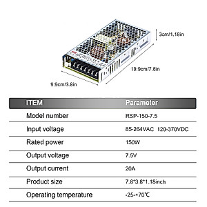 TorqCali RSP-150-7.5 150W Single Output Power Supply 7.5V 20A Constant Current with PFC, Enclosed Type for Industrial Control Systems, Robotics, and LED Lighting