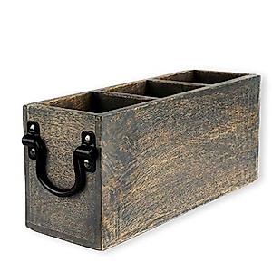 GoCraft 3 Compartment Flatware Caddy, Cutlery Utensil Holder, Organizer Caddy Box For Cooking, Silverware, Flatware, Sauce Spoon, Tongs, and More, Grey Washed Mango Wood Caddy with Metal Handles