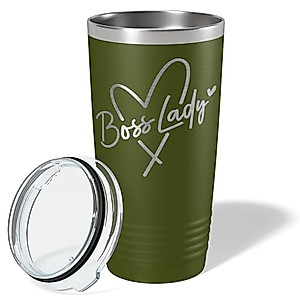 Boss Lady Big Heart Tumbler Birthday Gifts for Women, Coworker, Boss on Army Green 20 oz Stainless Steel Insulated Cup with Lid - Travel Mug for Mom