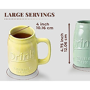 Mason Jar Mugs - Set of 6-15oz - Ceramic, Vibrant Colors - Great for Coffee, Tea, Cold/Hot Drinks, Indoor/Outdoor Parties - Farmhouse Décor