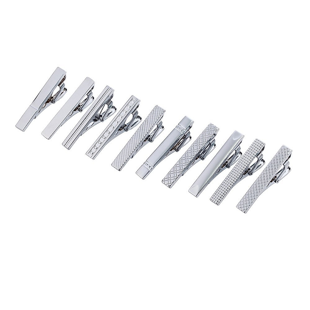 Mens Skinny Tie Clip Set Fashion Jewelry, 10 Pieces of Silver Tone, 1.57 Inches