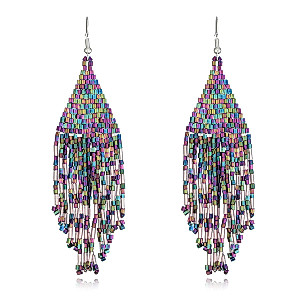 Color Boho Rice Beads Tassel Earrings.Multicolor Long Beaded Dangle Earrings Handmade Woven Drop Earrings Jewelry Gifts for Women (Colorful)