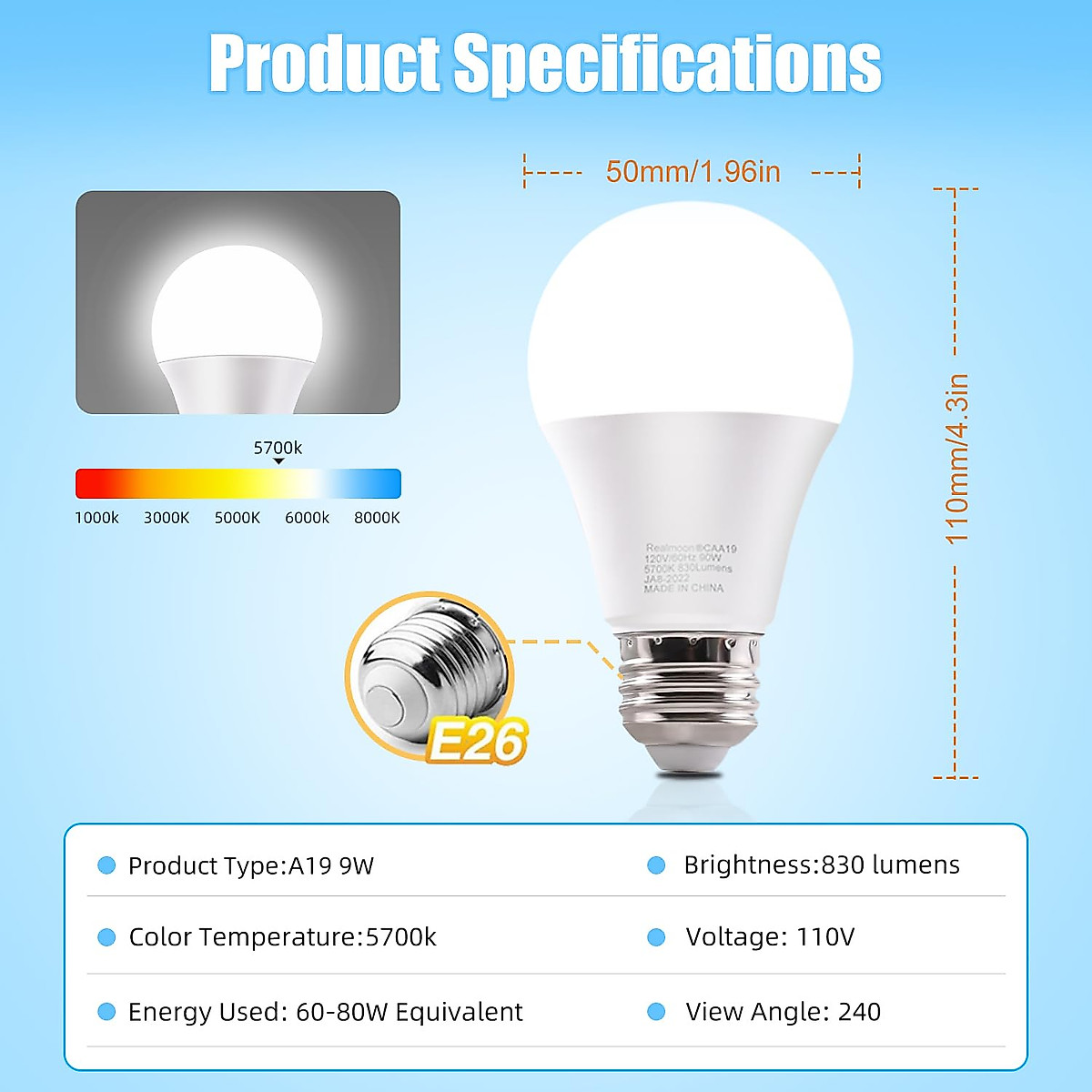 realmoon Full Spectrum Sun Light Bulb - A19 9W, Boosts Energy, Mood & Performance, Near-Perfect Color Rendering, Imitate Sunlight Indoors for a Happy Life, American Pry LED Beads,CRI of 98+