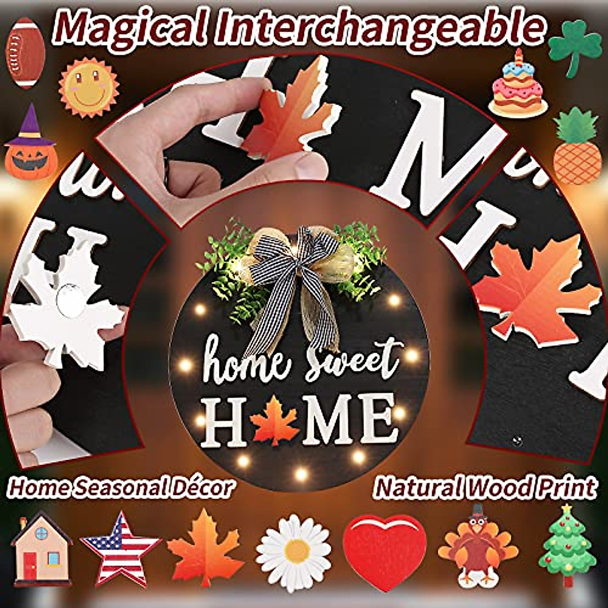 Interchangeable Welcome Sign for Front Door with 14 Changeable Icons, Farmhouse Front Porch Decor Rustic Wooden Wall Sign with 12 LED Lights, Outdoor Seasonal Welcome Home Decorations (Black1)