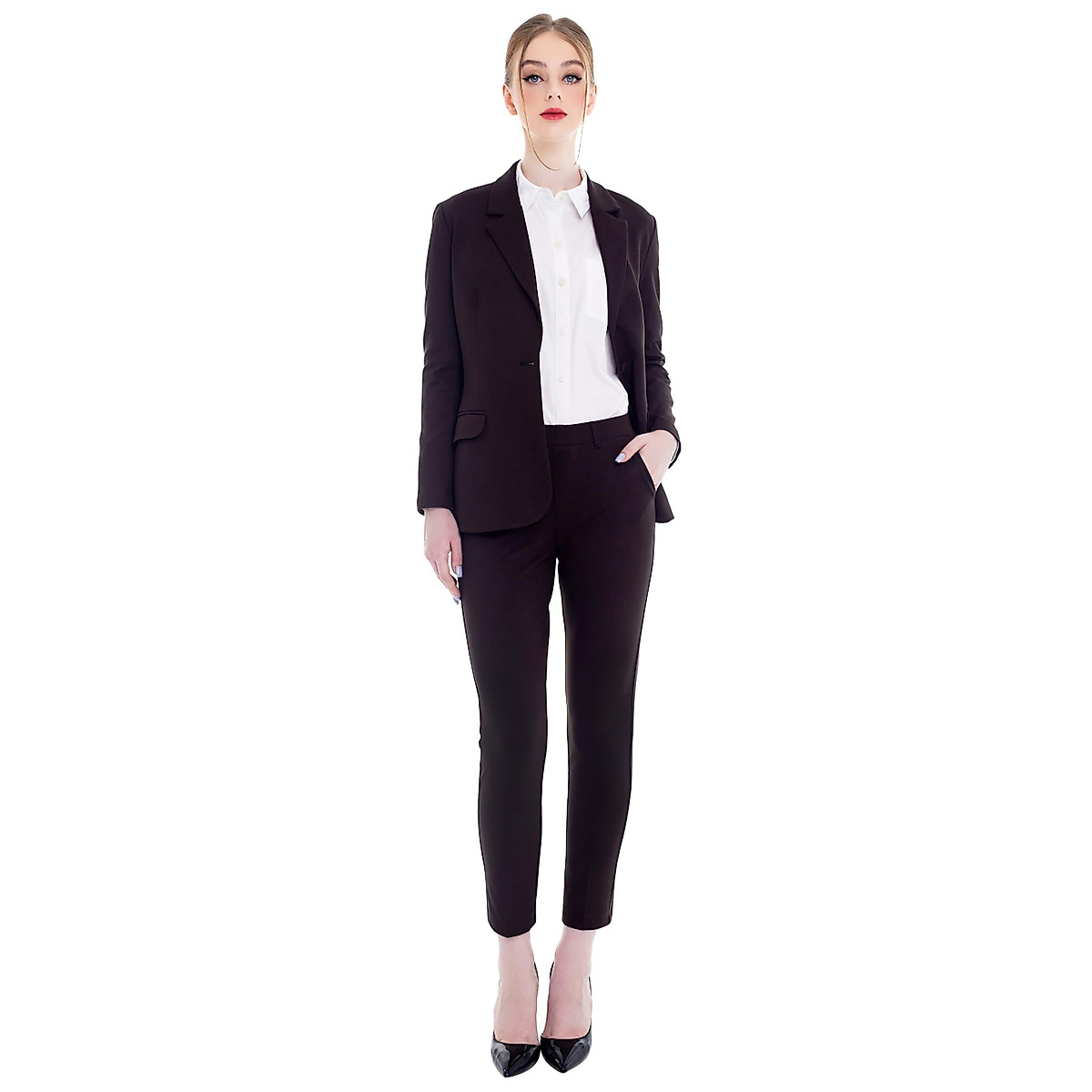 Marycrafts Women's Business Blazer Pant Suit Set for Work 12 Black Brown