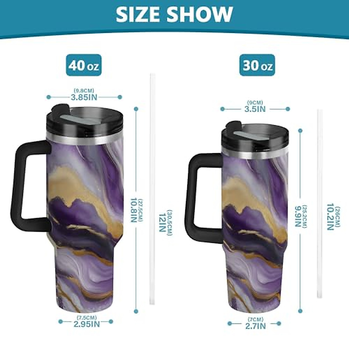 SEHANY Purple Marble 40 Oz Tumbler with Lid and Straw, Double Vacuum Stainless Steel Insulated Sports Water Bottle Cup Holder Friendly Leak-Proof Travel Coffee Cup for Iced Drink