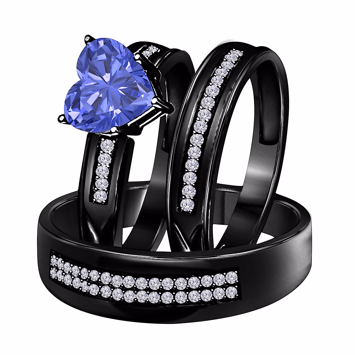DS Jewels His and Hers Matching Wedding Band Ring Set 14K Black Rhodium Plated Alloy 6 MM Heat Cut CZ Tanzanite Engagement Trio Bridal Set