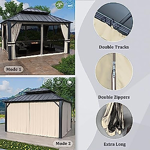 ALAULM 12' x 14' Hardtop Gazebo, Outdoor Patio Aluminum Gazebo with Aluminum Double Roof, Permanent Pavilion w/Curtains and Netting for Backyard, Patio, Deck, Garden-Cream