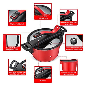 swiflon 5.8 Quart Nonstick Cast Aluminum Stock Pot, Cooking Pot with Easy Lock Low Pressure Lid, with Stainless Induction Base