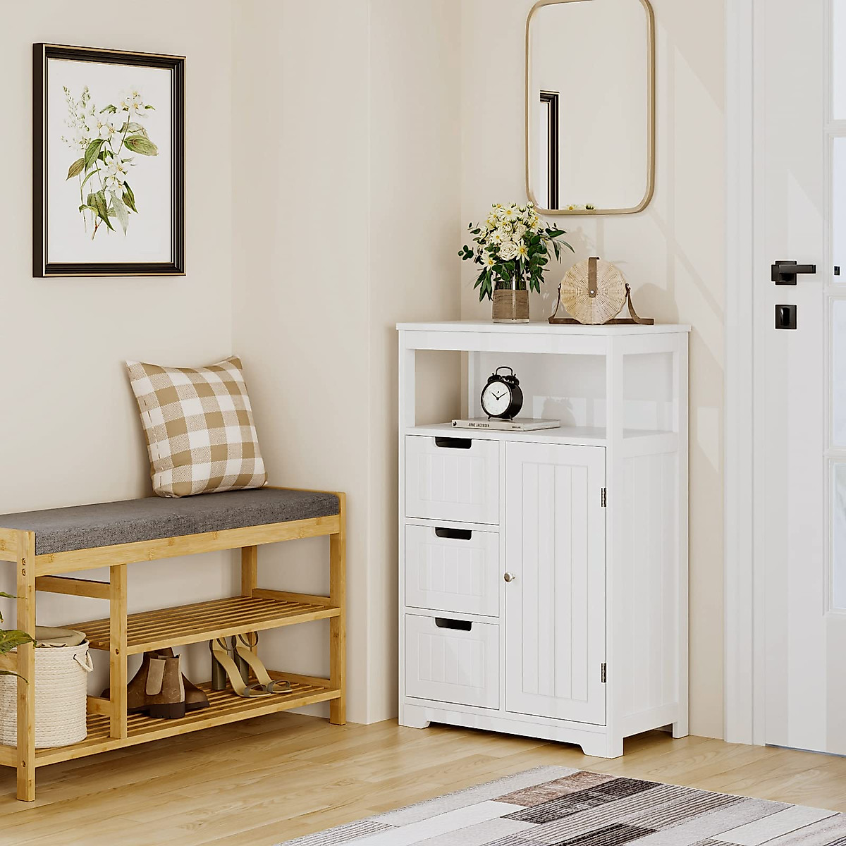 HORSTORS Bathroom Floor Cabinet, Free Standing Storage Cabinet with 3 Drawers and 1 Door & Adjustable Shelf, Modern Entryway Cupboard for Home Office, White