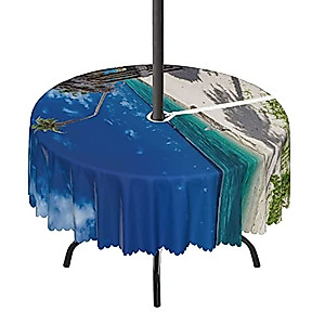 Lirduipu Beach Coconut Tree Scenery Pattern Round Outdoor Tablecloth,Outdoor Round Tablecloth with Umbrella Hole - Water Resistant Spillproof,for Patio Garden Tabletop Decor(52" Round,Multicolor)