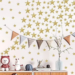 Buiory 63 PCS Removable DIY Gold Glitter Stars Wall Decals Vinyl Sparkle Star Wall Sticker Peel and Stick Art Decor Murals for Children Baby Room Girls Bedroom Nursery Weeding Teens Playroom Door