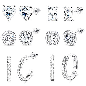 ZELORES 6 Pairs CZ Stud Earrings For Women Men Round Square Heart Screw Back Stud Earrings Small CZ Hoop Earrings Cubic Zirconia Halo Stud Earrings Set