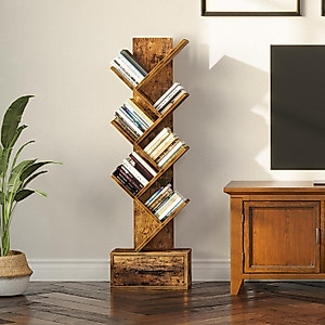 Rolanstar Bookshelf with Wooden Drawer, 7 Shelf Tree Bookshelf, Modern Book Storage, Free Standing Tree Bookcase, Utility Organizer Shelves for Home Office, Living Room, Bedroom, Rustic Brown