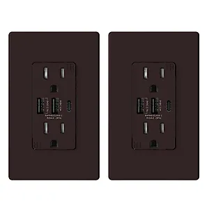 ELEGRP 30W 6.0 Amp 3-Port USB Wall Outlet, 15 Amp Receptacle with USB Type C & Type A Ports, USB Charger for iPhone/iPad/Samsung/LG/HTC/Android Devices, UL Listed, w/Wall Plate, 2 Pack, Matte Brown