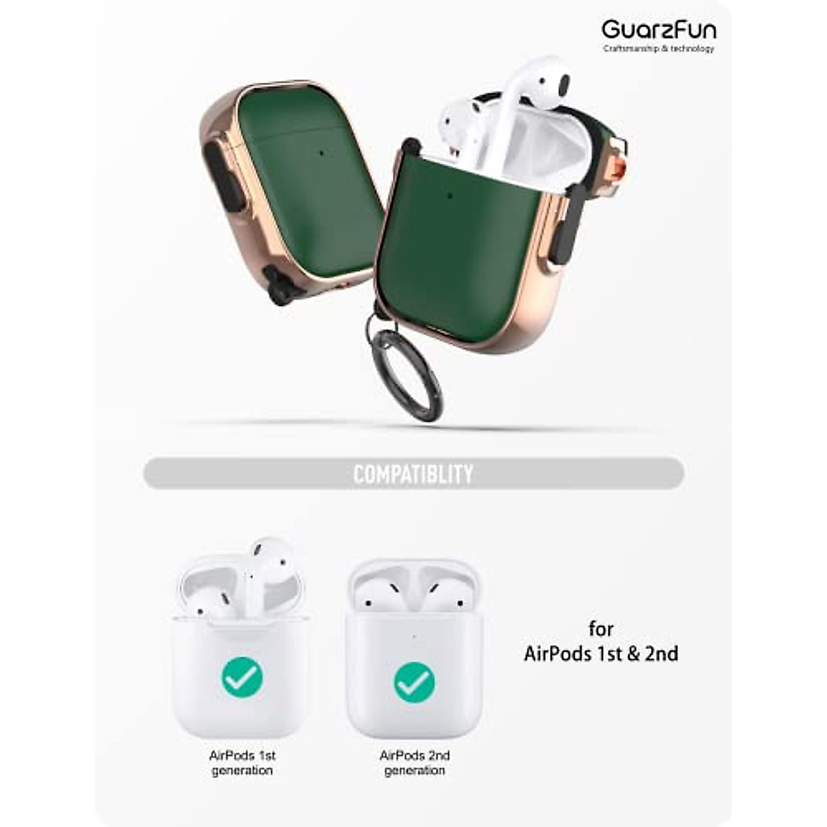 GuarzFun case for AirPods 1st & 2nd Case, Secure Lock Airpod case with Lock lid Keychain Clip, Full Body Hybrid Material Protective Cover for Men Women (Rose Golden + Green)
