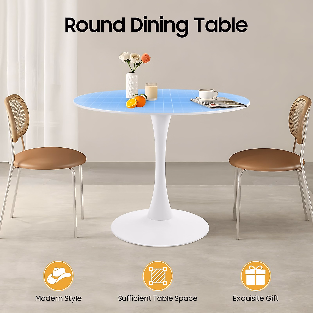 JINHZIXIU 31.5" Round Dining Table White Coffee Table Kitchen Dining Table Modern Tulip Table Mid-Century Leisure Table Tea Table for Dining Room Kitchen Living Room for 2-4 People