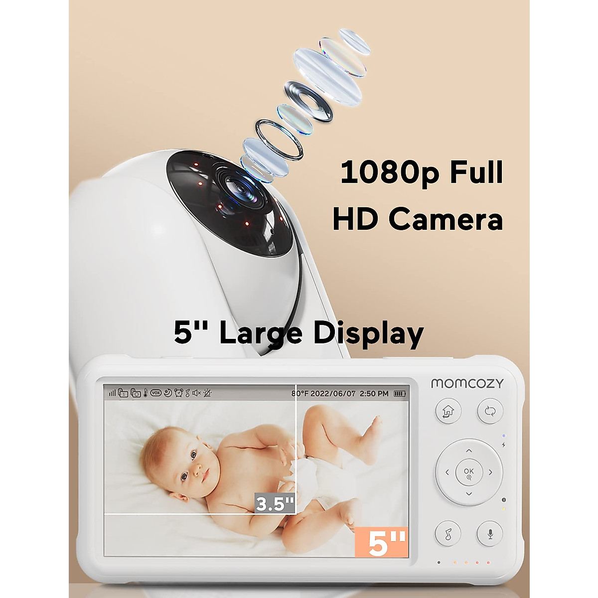 Momcozy Video Baby Monitor, 1080P 5" HD Baby Monitor with Camera and Audio, Infrared Night Vision, 5000mAh Battery, 2-Way Audio, Temperature Sensor, Lullabies and 960ft Range, Ideal for New Moms