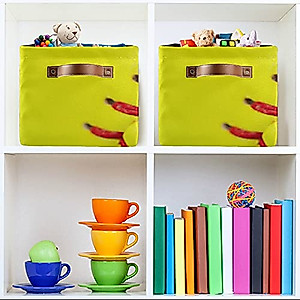 OTVEE Yellow Softball Printed Collapsible Storage Basket with Leather Handles Rectangle Fabric Storage Bin Organizer for Clothes Toy Storage Self Nursery Home Office,1 Piece