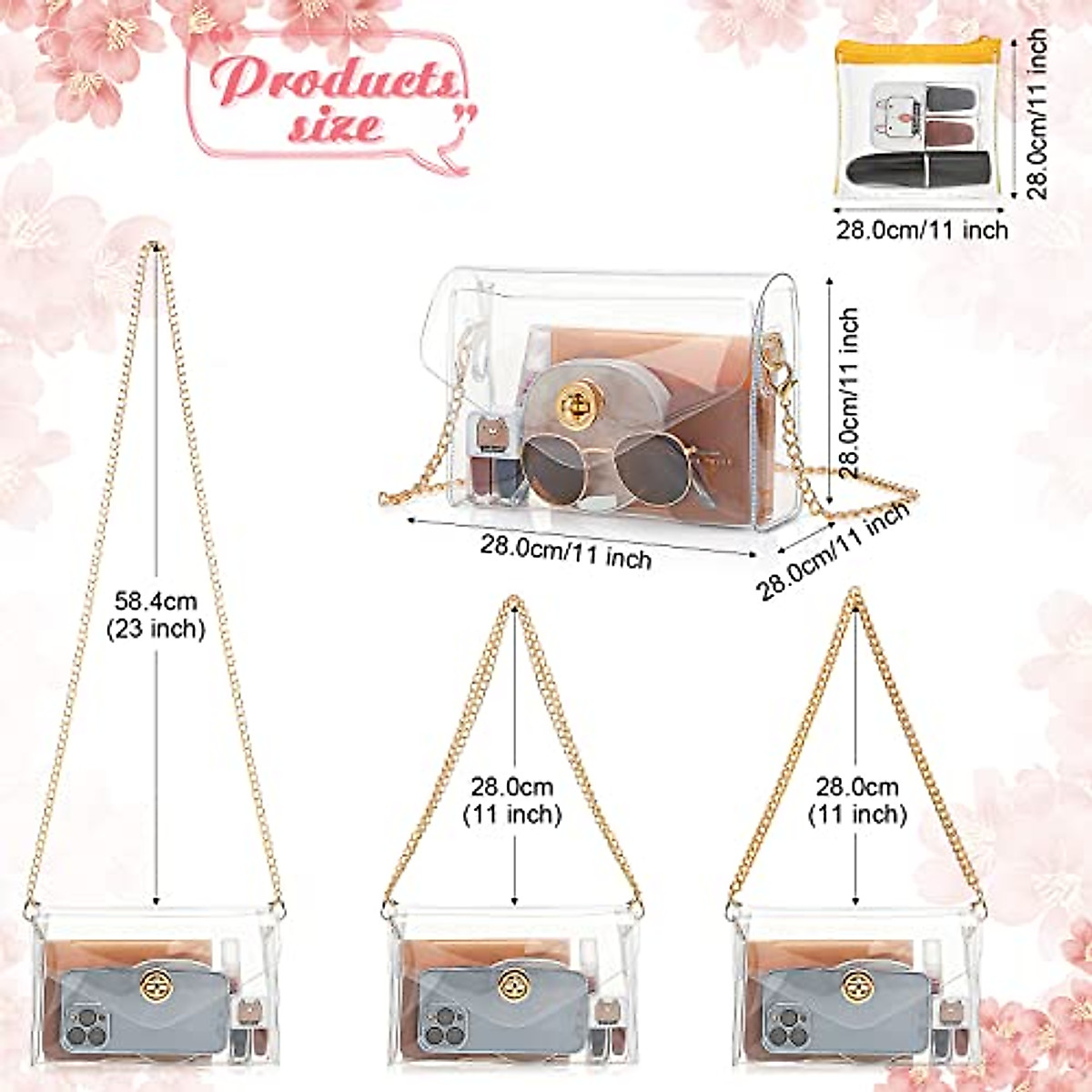 2 Pieces Clear Purse for Women Crossbody Clutch Bag Stadium See Through Cute Shoulder Handbag Sport Concert Party Present (Cute Style)