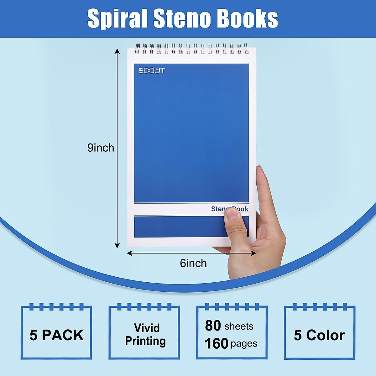 EOOUT Top Spiral Steno Pads 5 Pack, 6x9 Inches, 80 Sheets White Paper Gregg Rule, 5 Assorted Covers Steno Notebooks for Writing Notes in School, University, College, Office