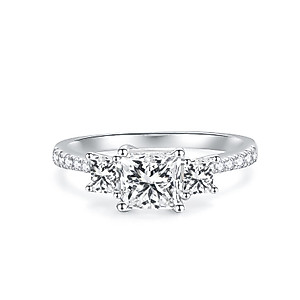 BEBEWO 1-1/3 ct.tw. Three-Stone Princess Cut Moissanite Engagement Ring for Women in 925 Sterling Silver/10k Gold/14k Gold/18k Gold, Free Personalized Engraving Name Ring (White)