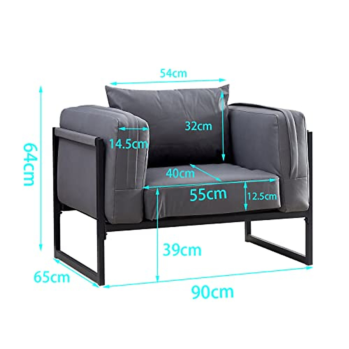 TUKAILAi Faux Suede Leather Single Sofa Couch with 1 Cushion, Modern Accent Chair with Arms and Metal Frame for Living Room, Upholstered Lounge Chair Armchair for Bedroom Guest Reception (Grey)